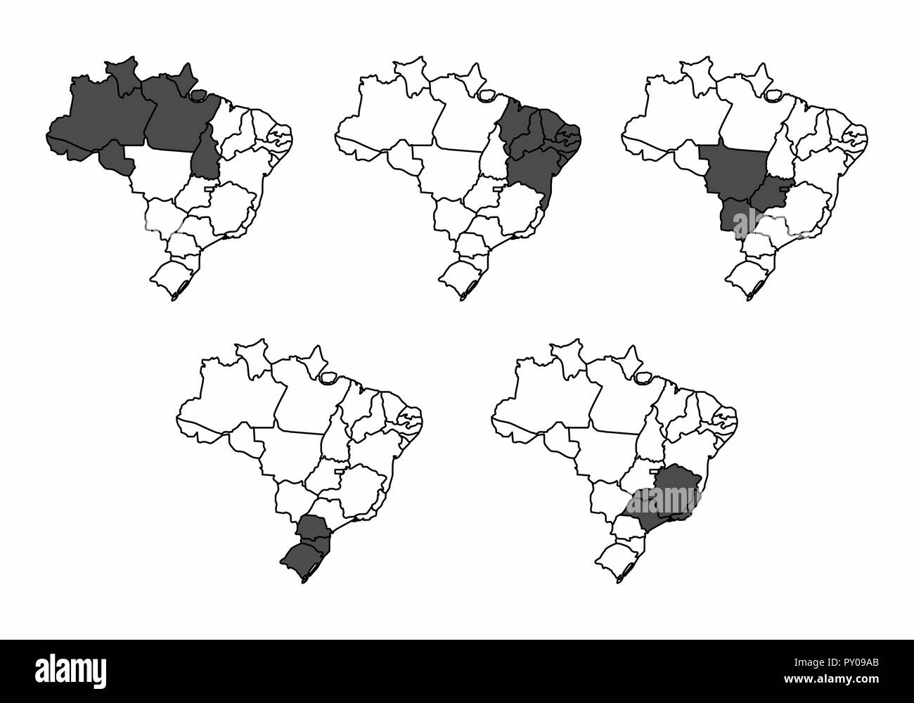 A set of Brazil maps with all the main five regions highlighted Stock ...