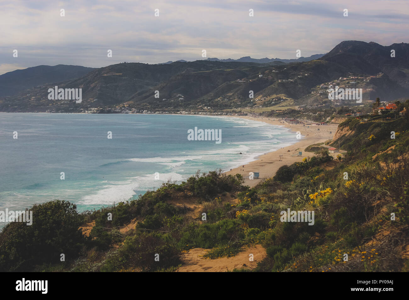 Gorgeous elevated view of Point Dume State Beach on a hazy day with the ...