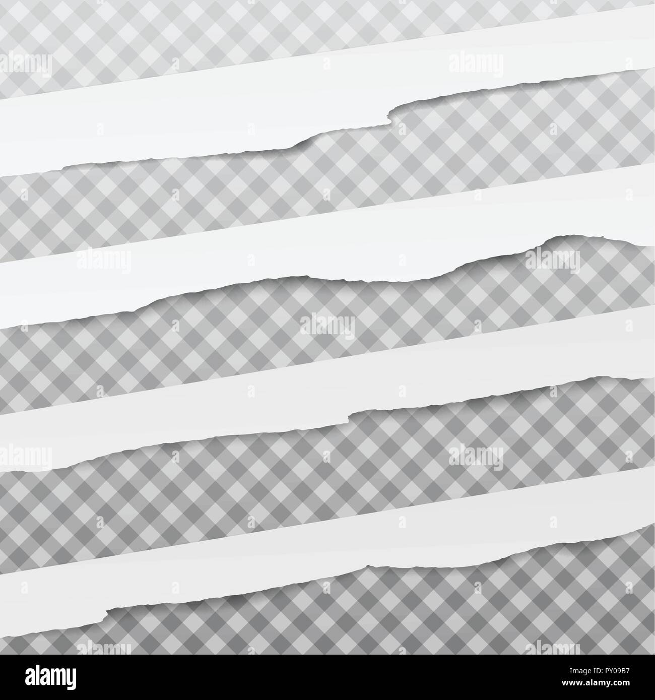 Set of white diagonal ripped paper strips, torn note paper for text or ...