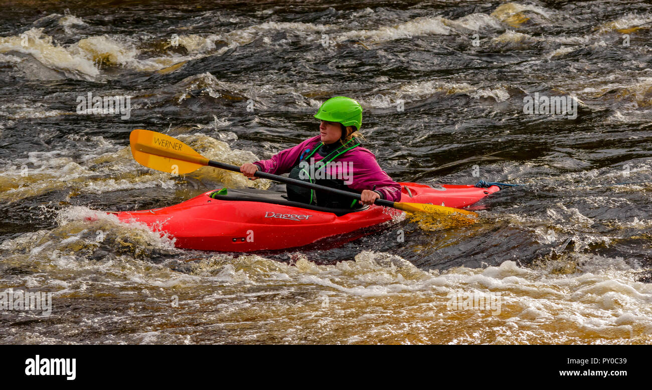 RIVER SPEY SCOTLAND IN AUTUMN RED DAGGER KAYAK INTO THE WHITE WATER ...