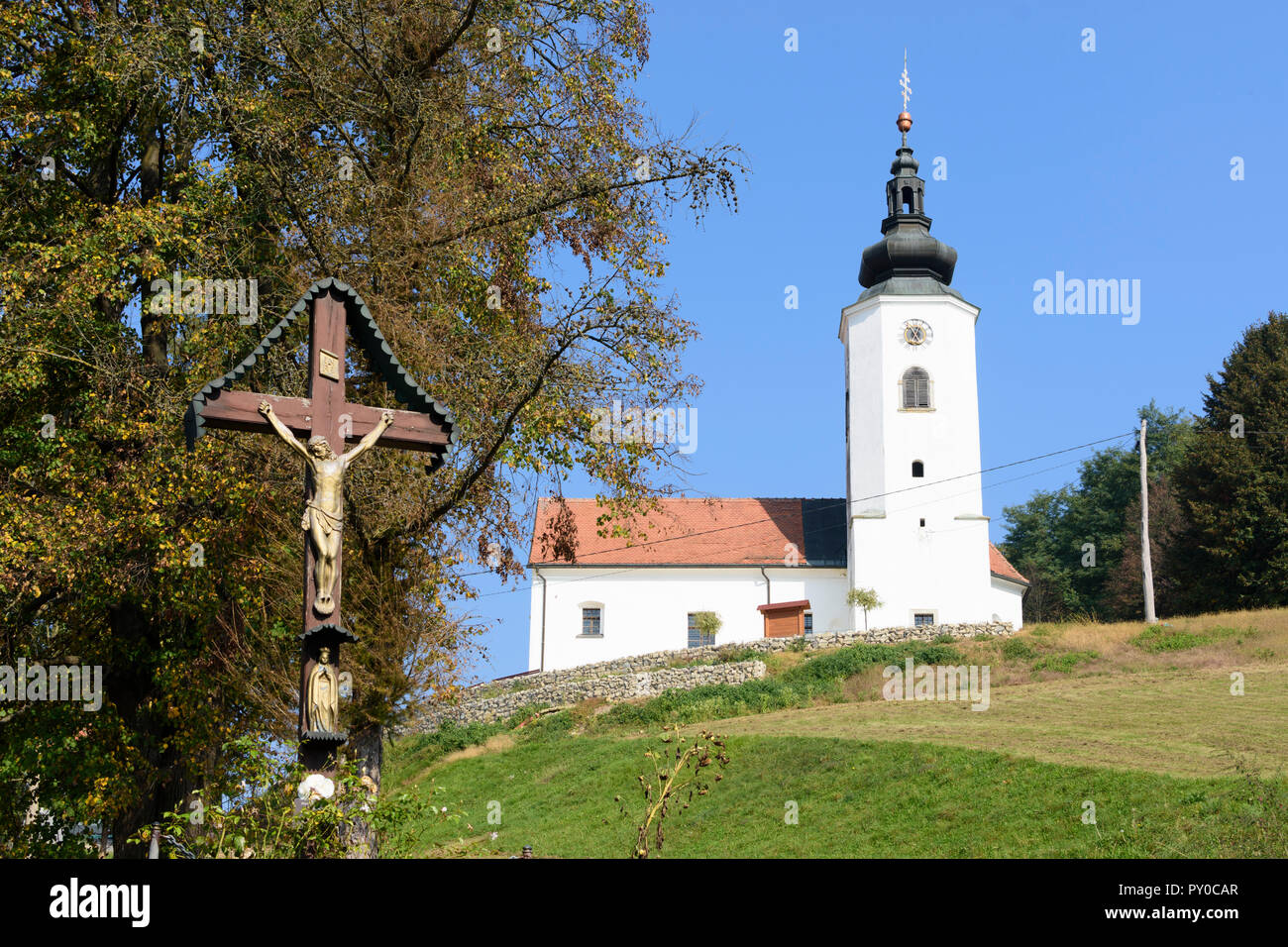 Podgorci: church, wayside cross in , Stajerska (Styria), Slovenia Stock ...