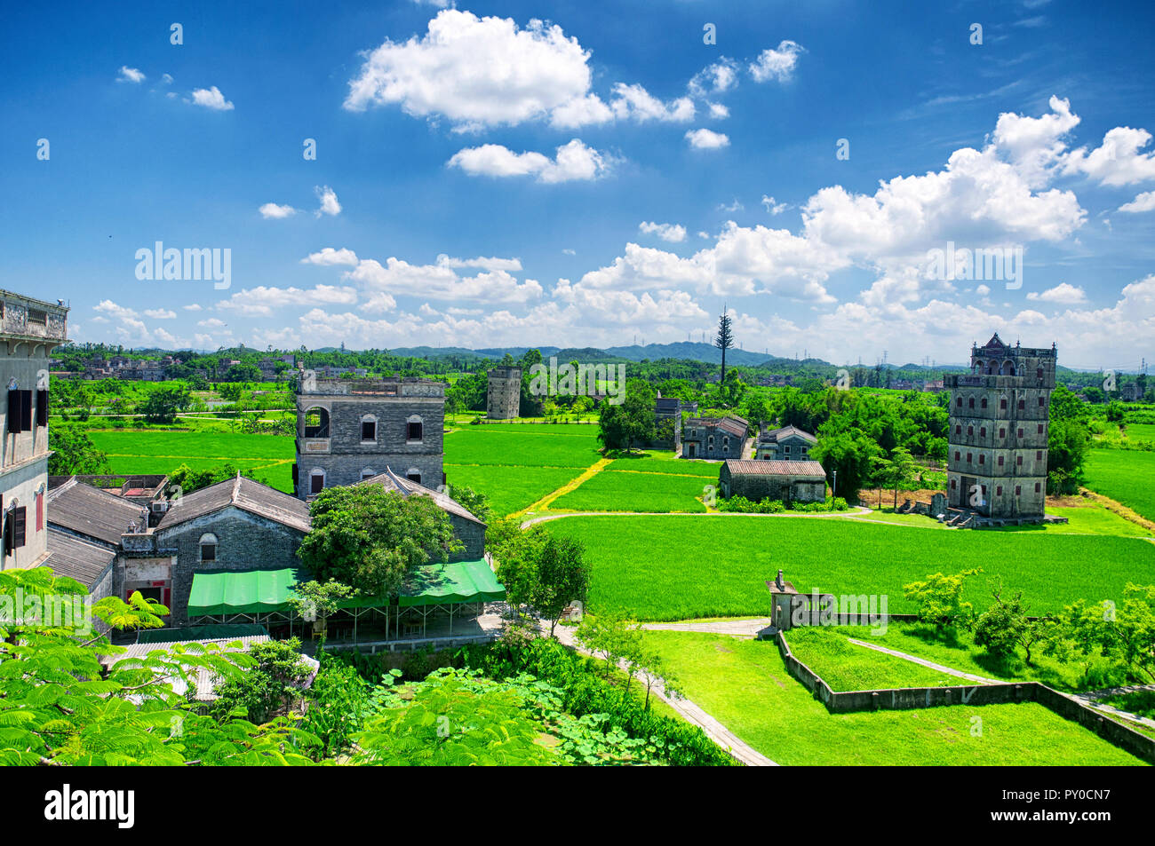 An elevated view of the Kaiping Towers Daiolou scenic area and world ...