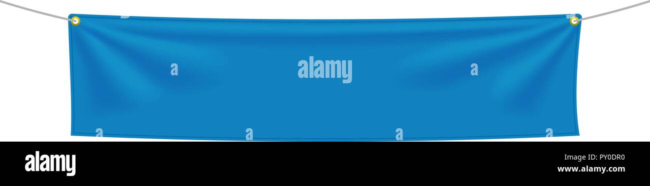 Blue textile banner with folds, isolated on white background. Blank ...