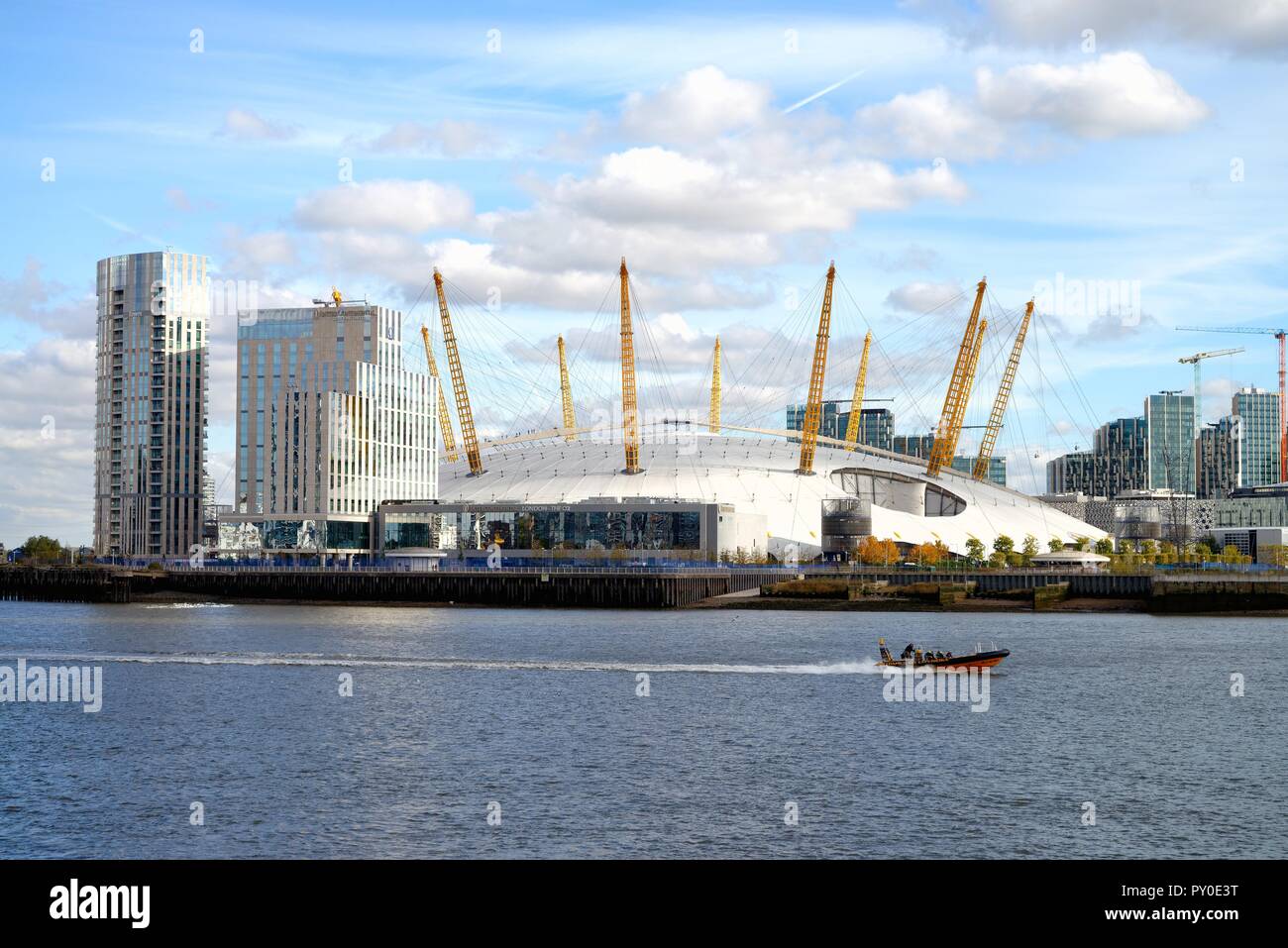 The 02 Dome viewed from the Isle of Dogs and across the River Thames ...