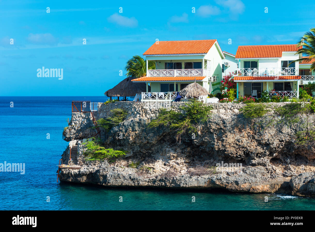 View of buildings in Playa Lagun, Curacao, Netherlands. Copy space for ...
