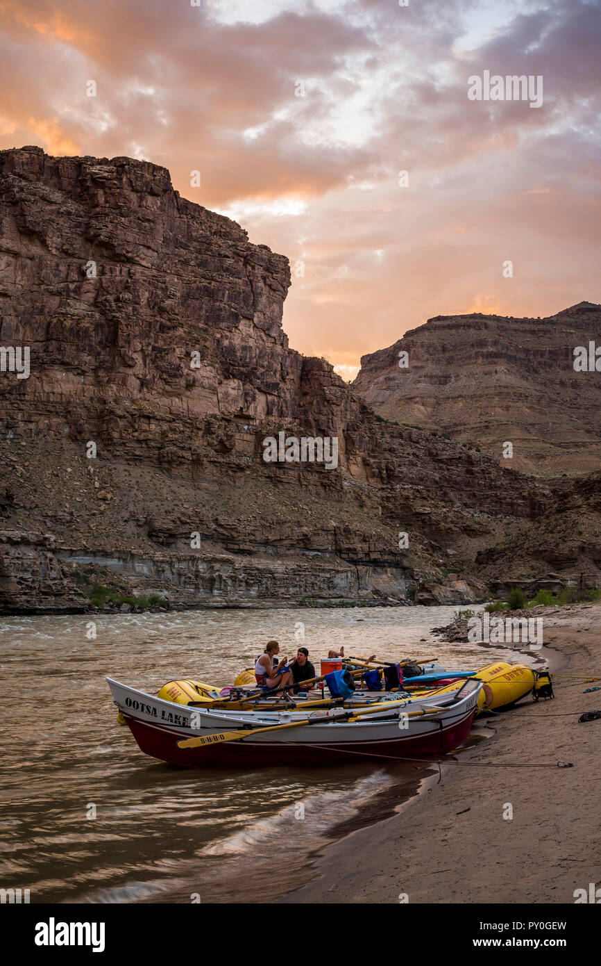 Inflatable rafts at scenic sunset, Desolation/Gray Canyon section, Utah ...