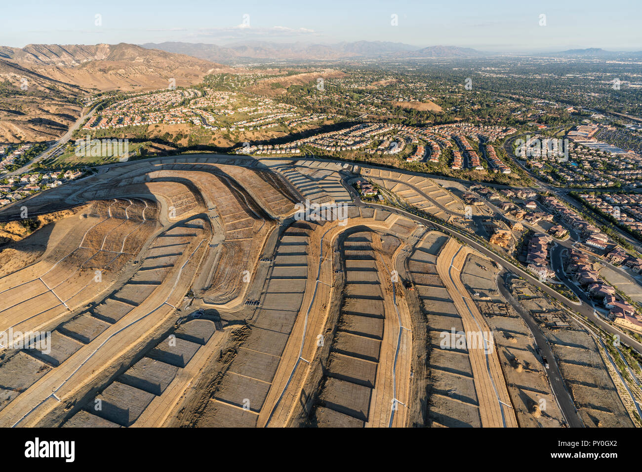 Aerial view of new neighborhood construction grading in the Porter ...