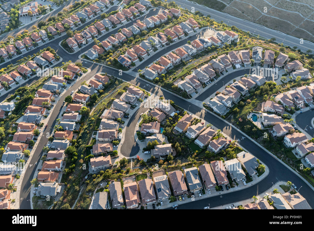 Aerial view of modern cul de sac housing streets in the Porter Ranch ...
