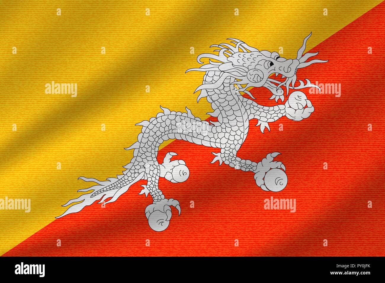 national flag of Bhutan on wavy cotton fabric. Realistic vector ...