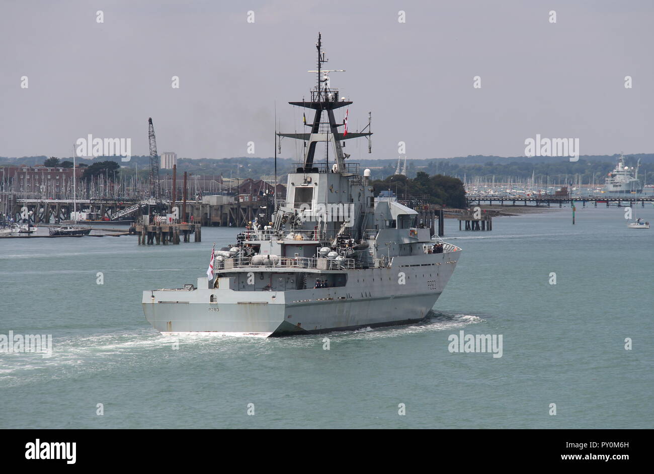 The Royal Navy off-shore patrol vessel HMS Mersey arriving at her home ...