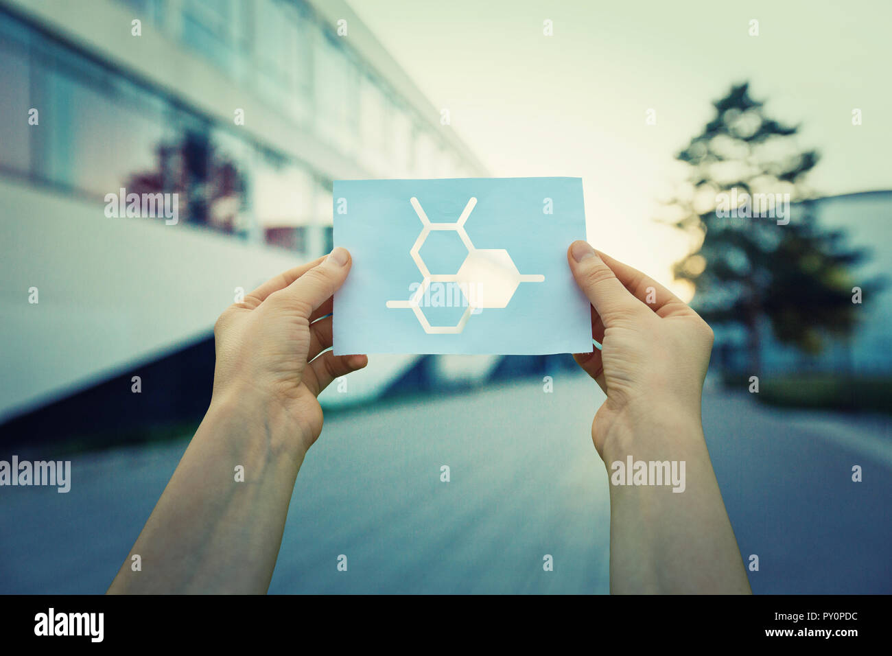 Close up of woman hands holding a paper sheet with scientific cell ...
