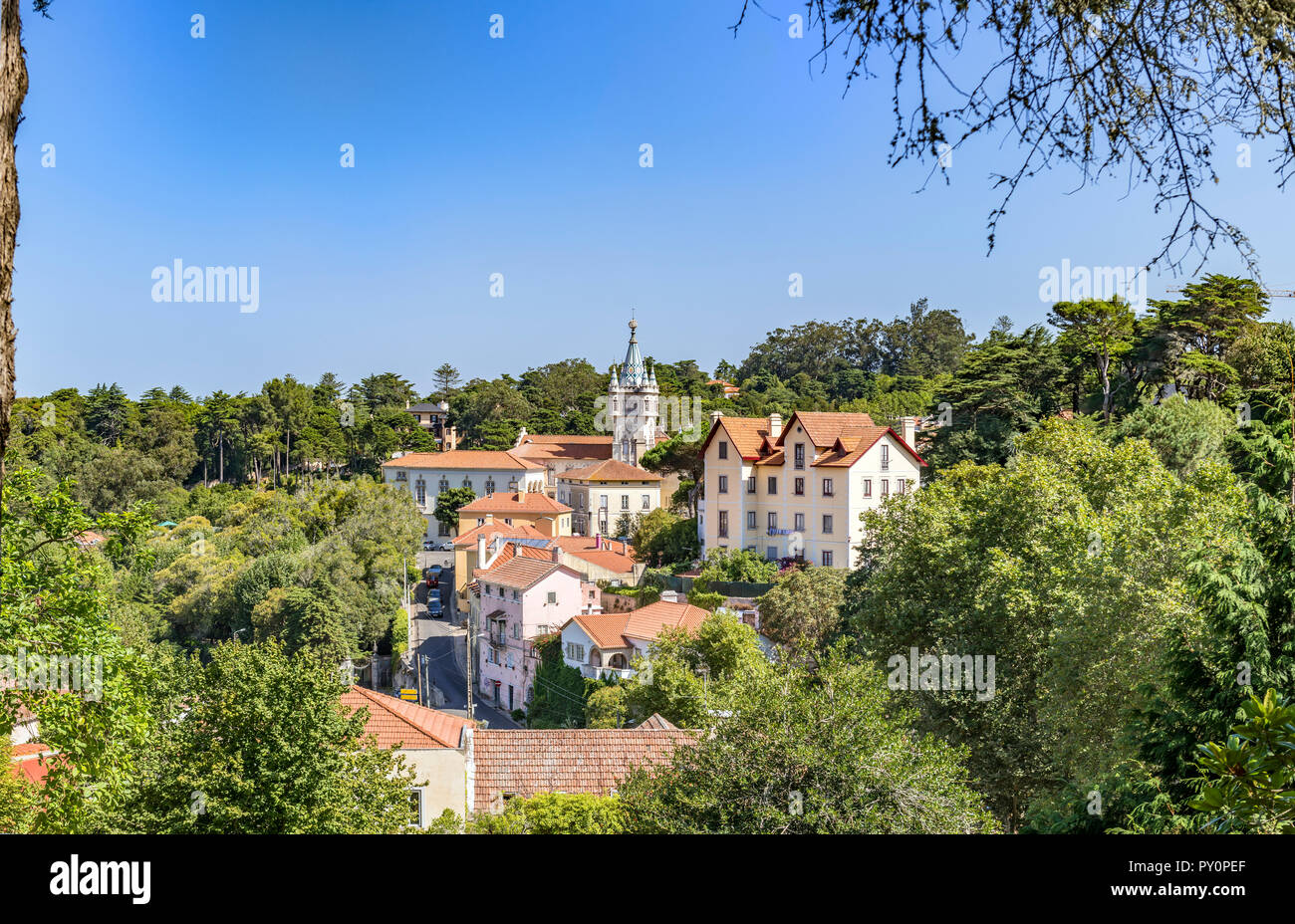 View of Sintra town showing the towered council building from the royal ...