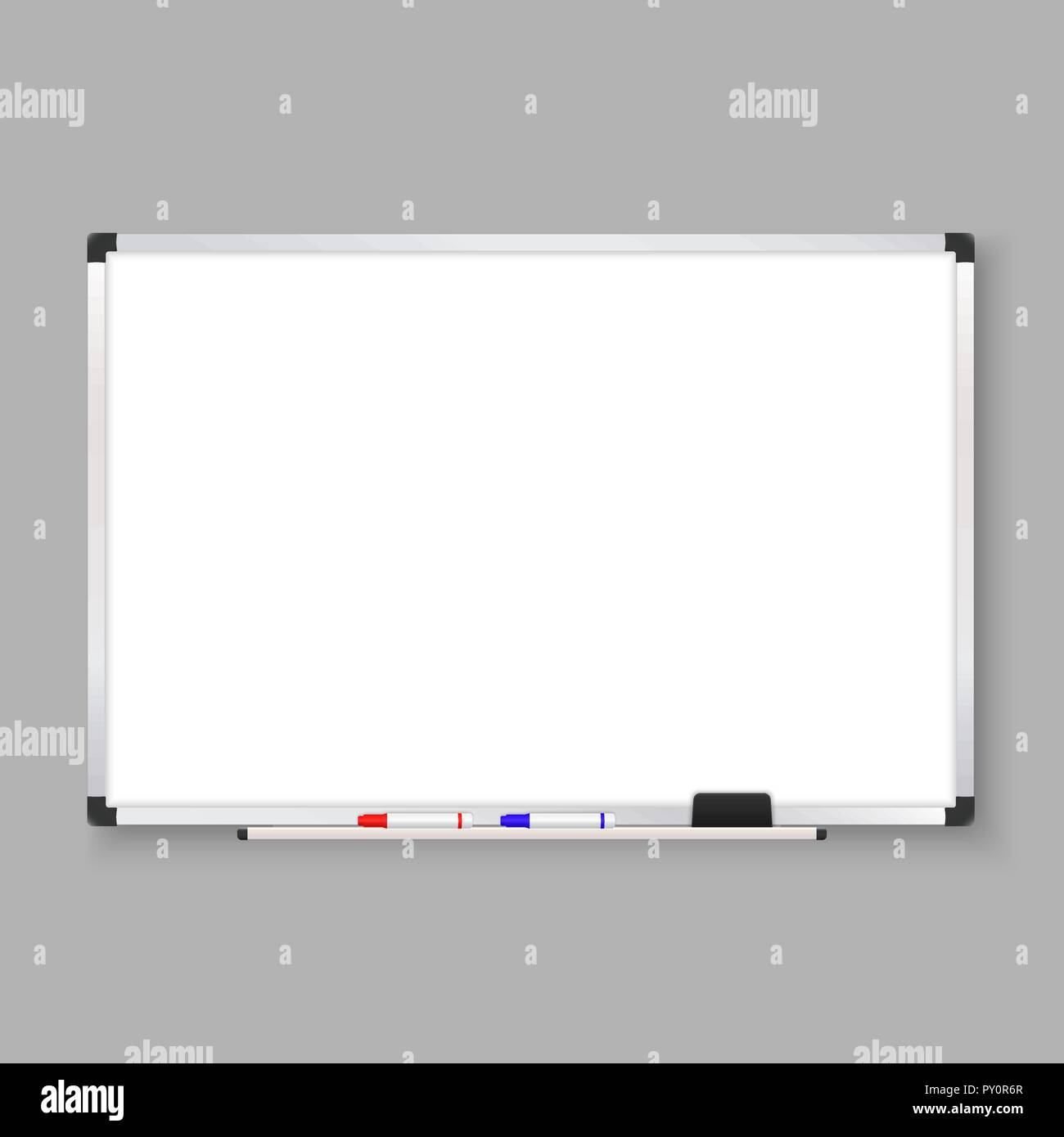 3d realistic empty whiteboard with color markers, white board ...