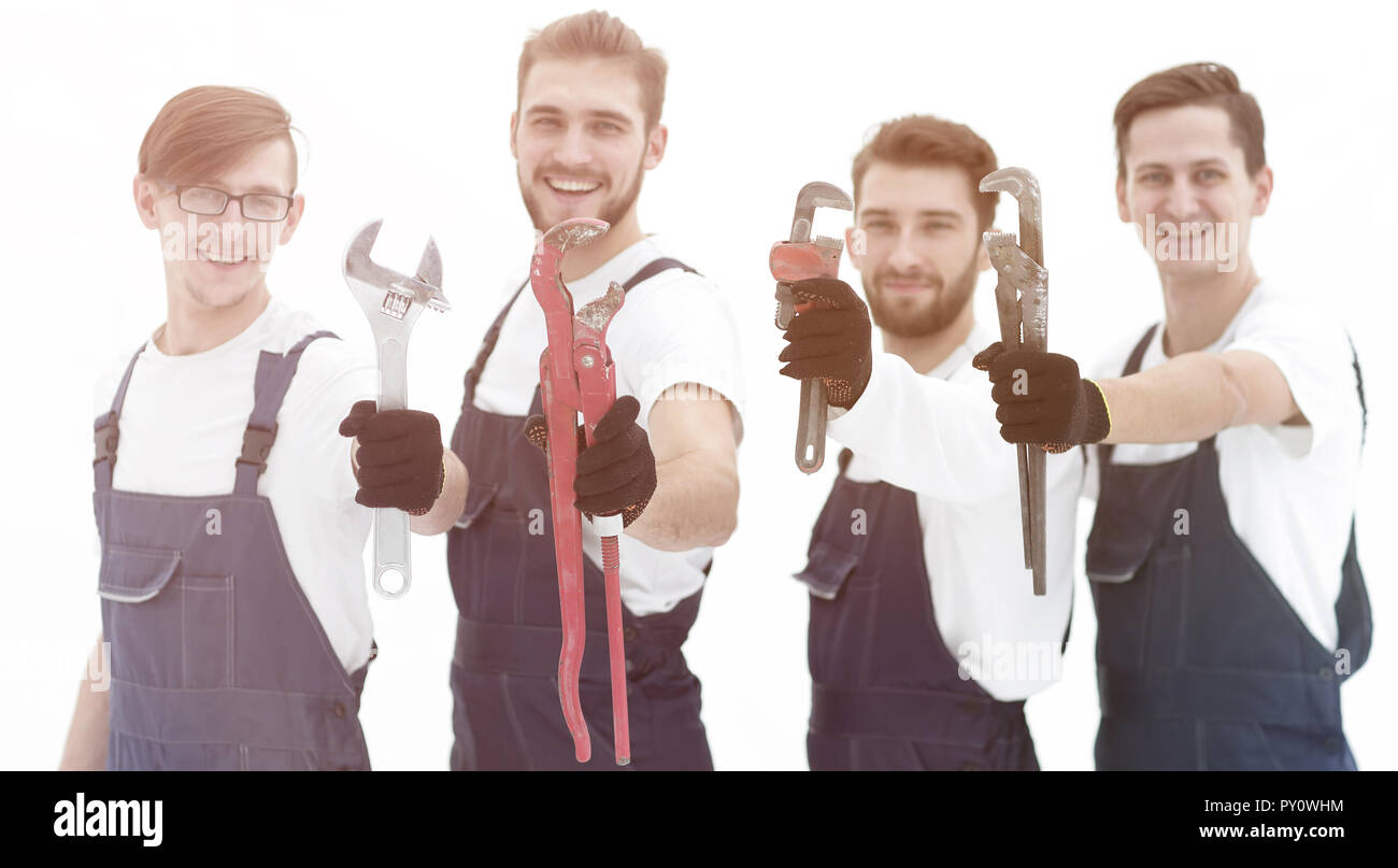 group of construction workers with working tools.isolated on white ...