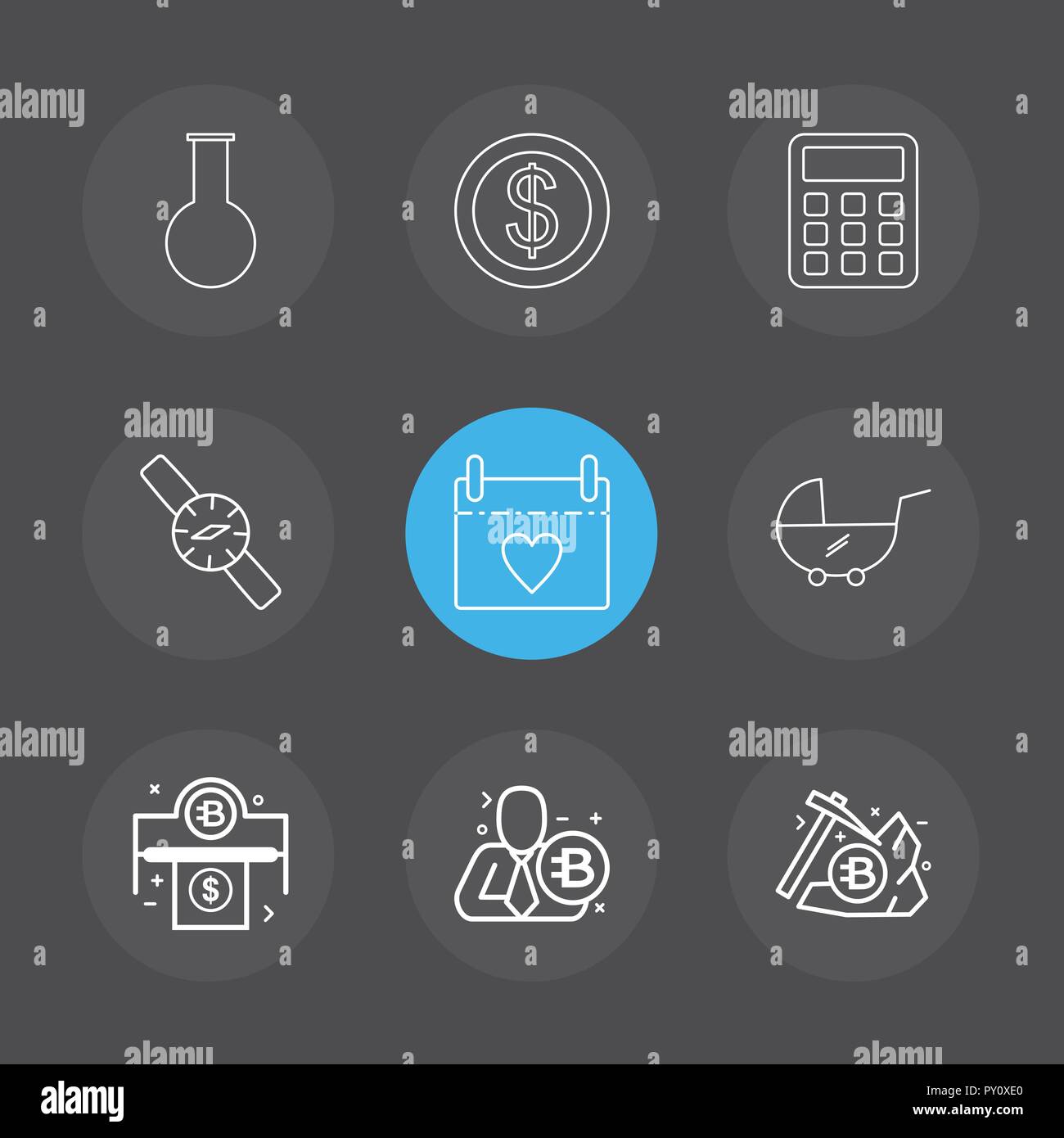 beaker, flask , coin , dollar , calculator , weatch , calender, pram ...