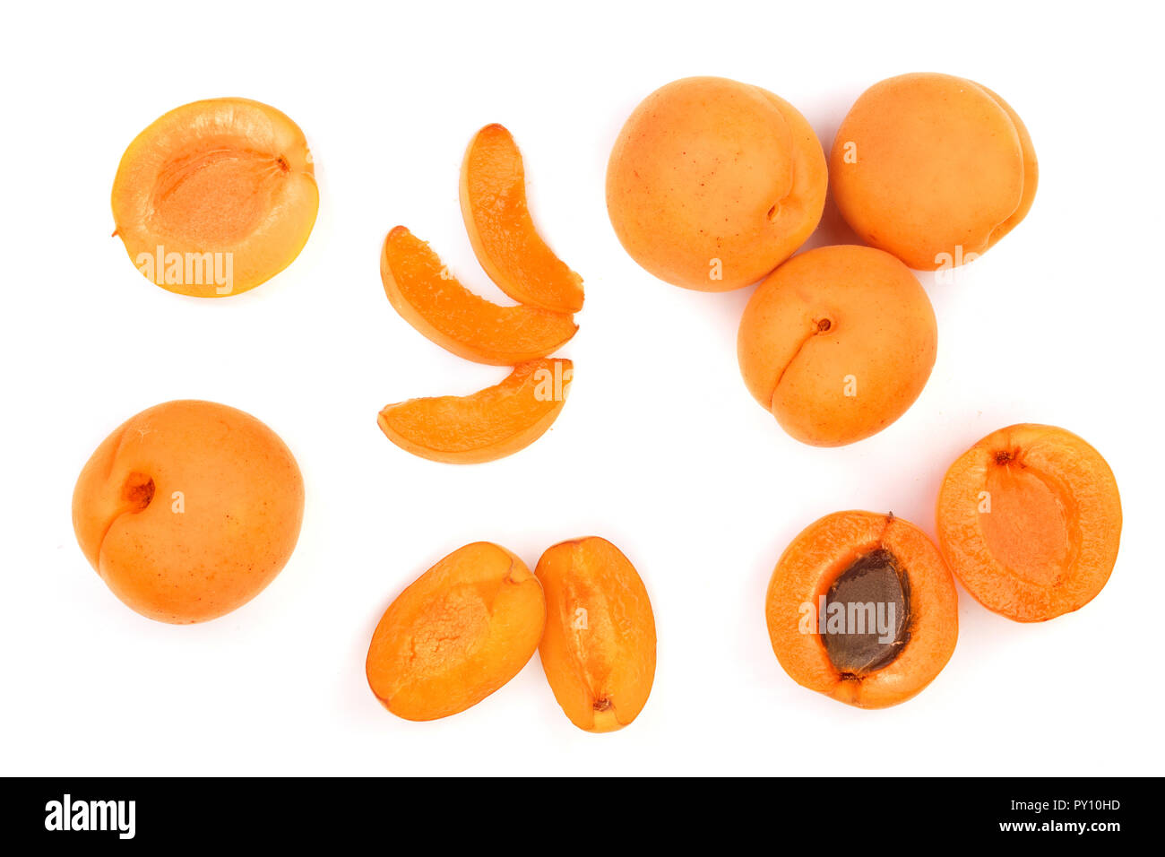 Apricot fruits isolated on white background macro. Top view. Flat lay ...