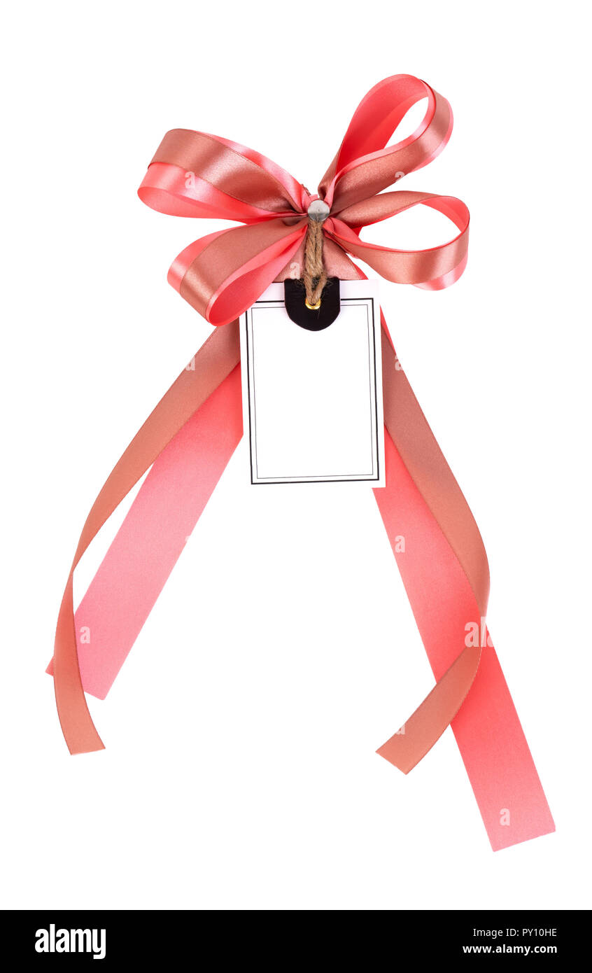 ribbon bow with label tag on white background Stock Photo - Alamy