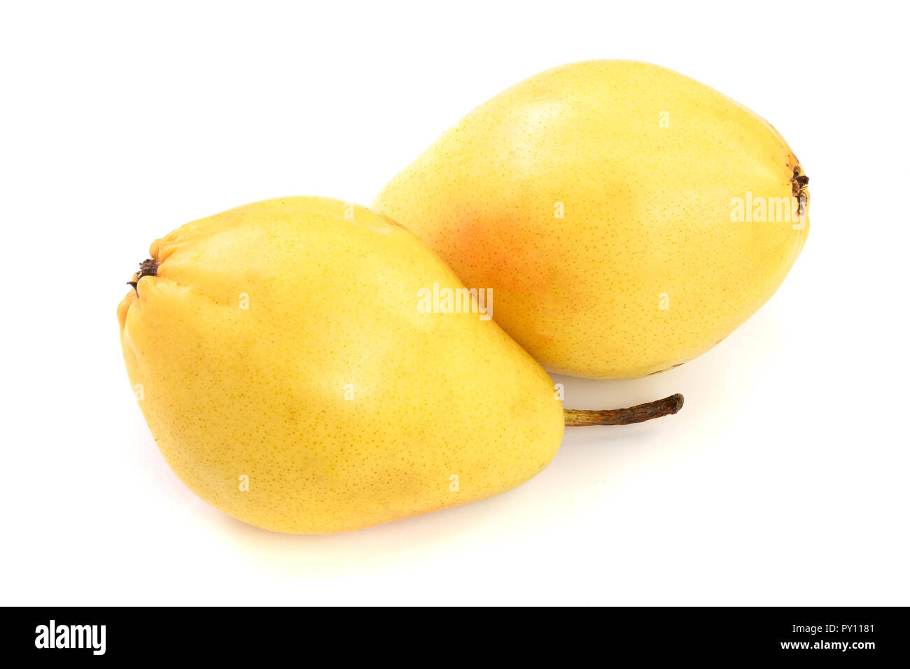 two ripe yellow pear fruits isolated on white background. Top view ...