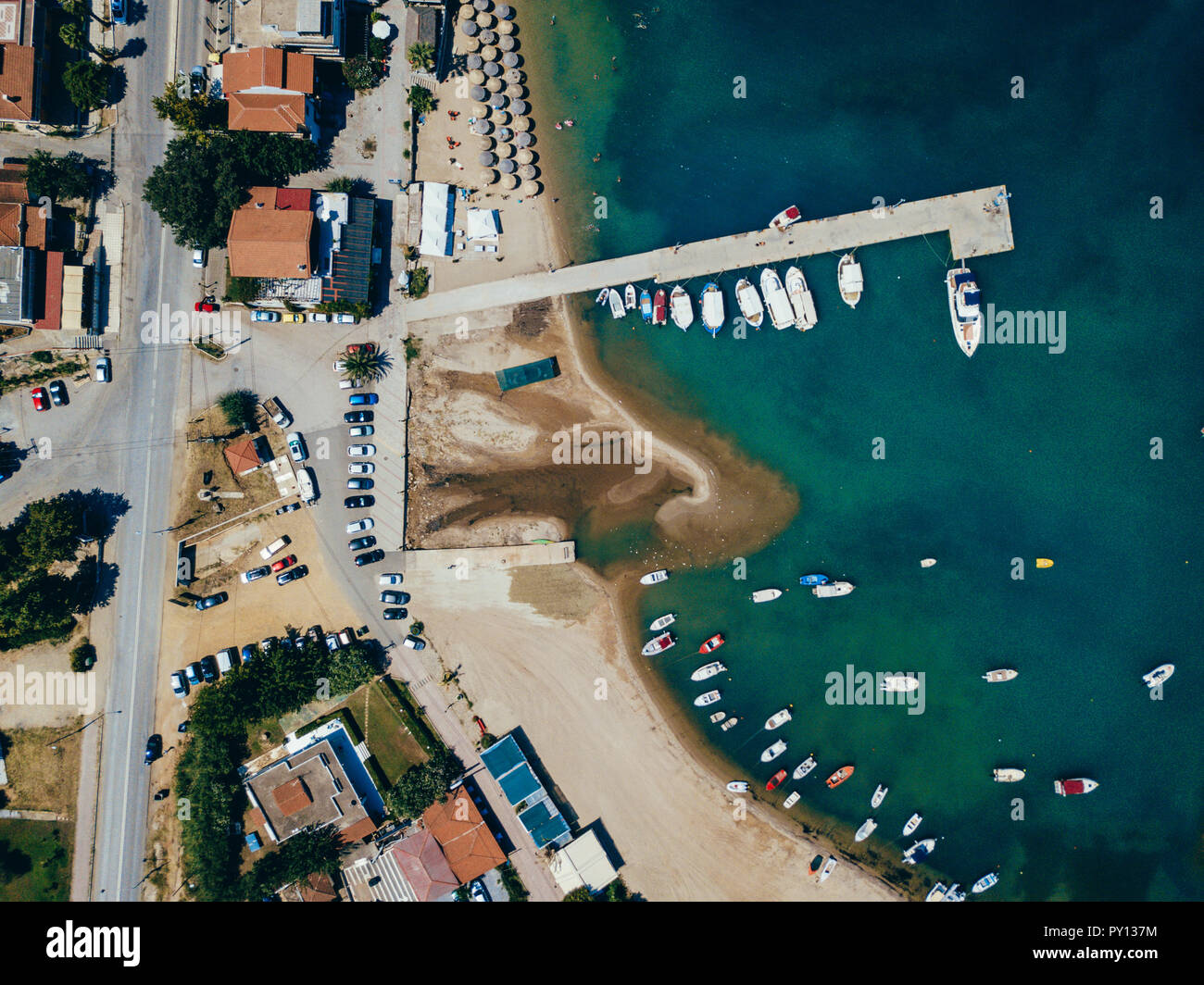 Landscape with boats in marina bay. Top view of harbor with sailboat ...