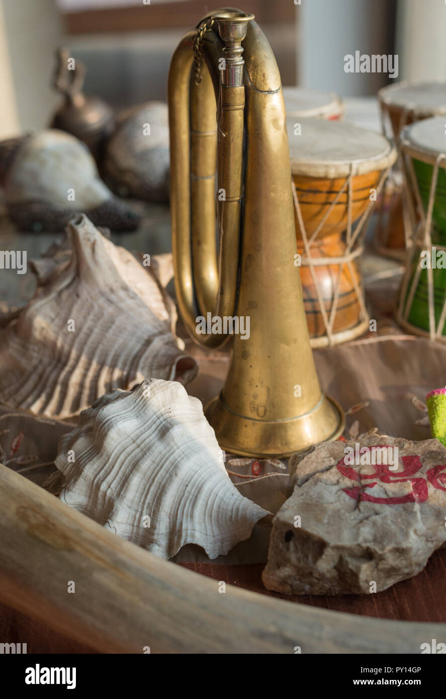 Close-up of musical instruments used during Indian ceremonies. They are ...