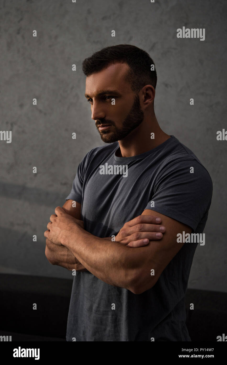 Upset Man Standing Sad Man Standing Over Grey Wall Holding Purse