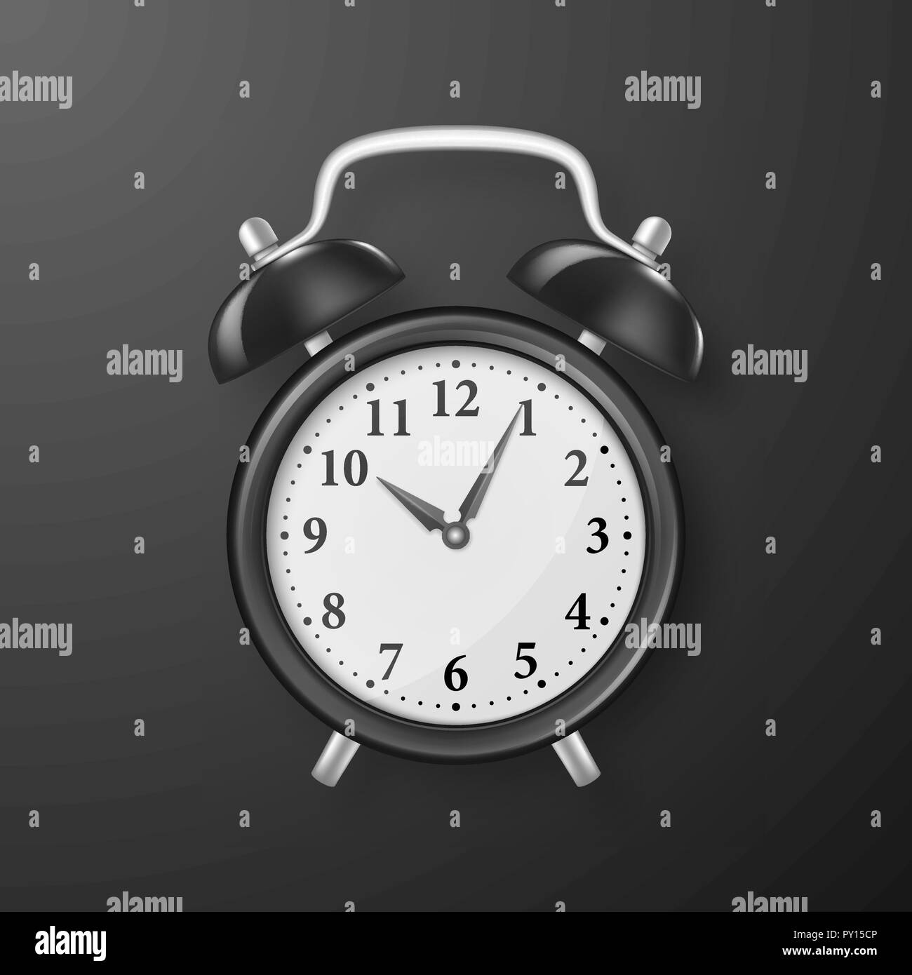 Vector Realistic 3d Black Retro Alarm Clock Closeup on Black Background ...