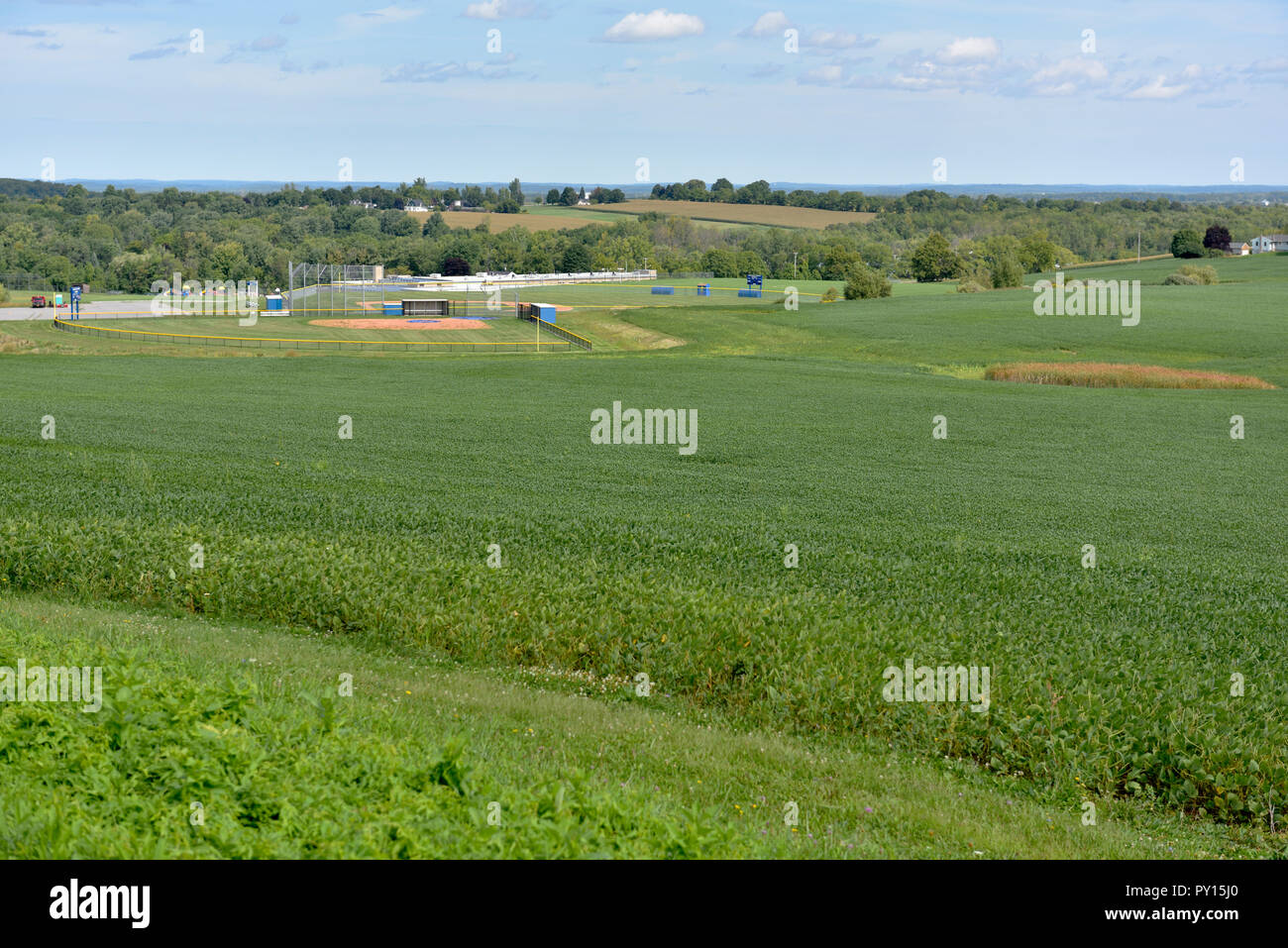 Rural landscape of flat farmland in the Finger Lakes region of New York ...