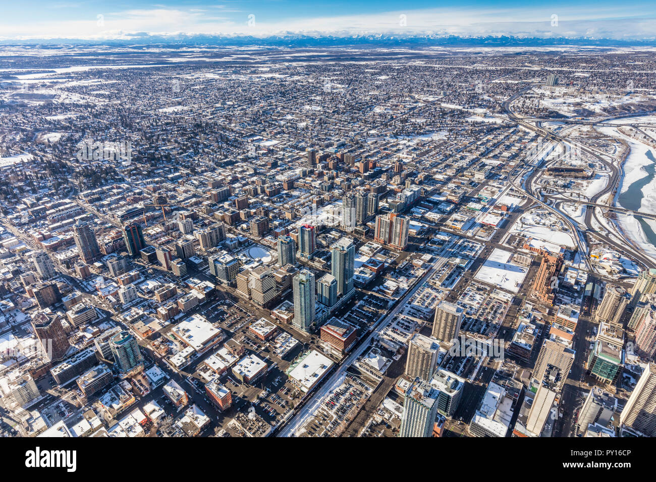 Aerial view of Calgary city centre from helicopter in winter Stock ...
