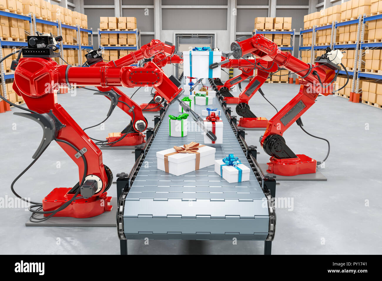 Automatic warehouse with gift boxes and robotic arms, 3D rendering ...