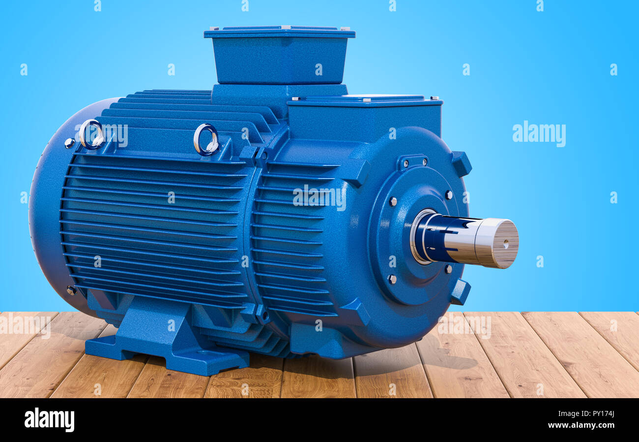 Blue industrial electric motor on the wooden table, 3D rendering Stock ...