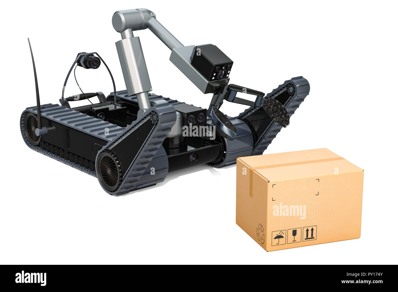 Bomb disposal robot with dangerous cardboard box, 3D rendering isolated ...