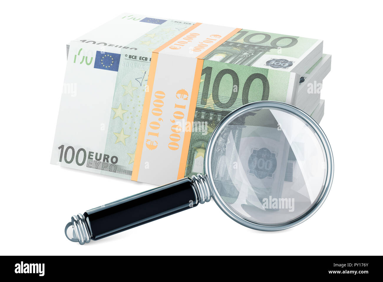 Euro packs with magnifying glass, financial analysis concept, 3D ...