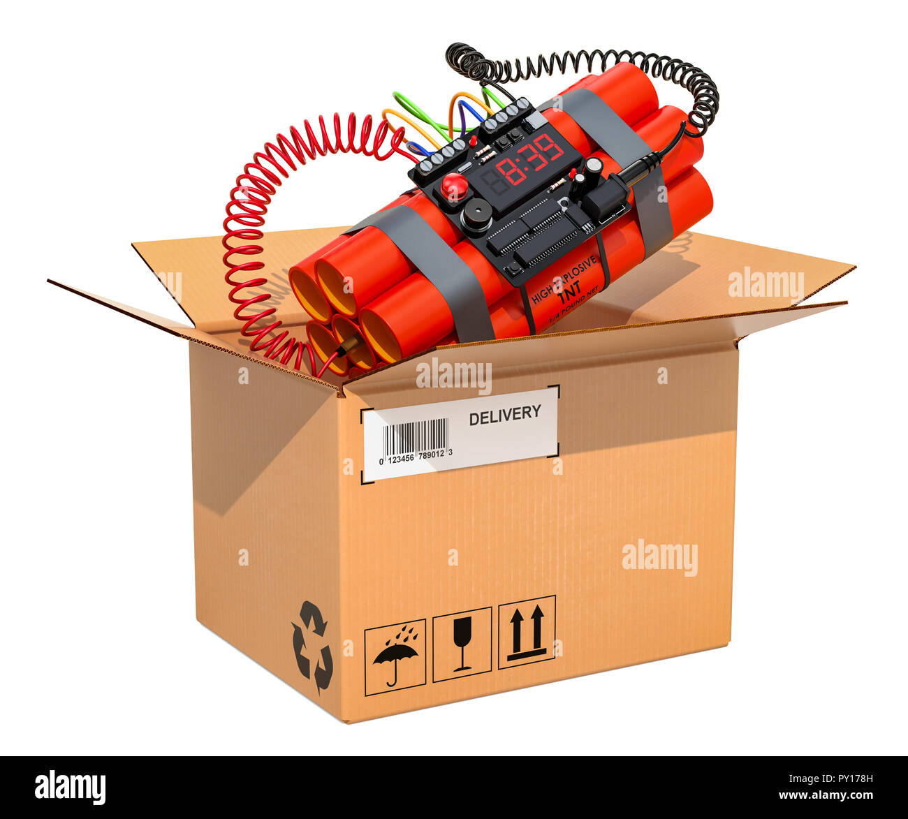 Parcel with bomb inside, 3D rendering isolated on white background ...
