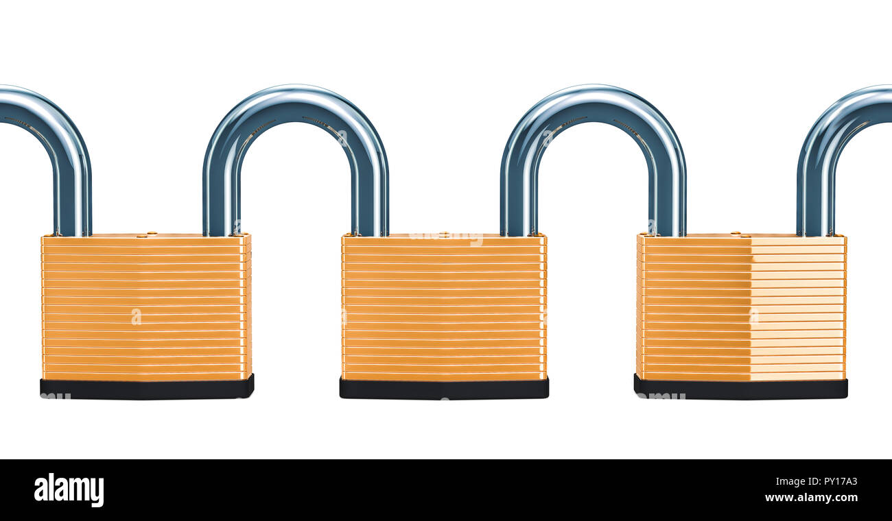 Security concept. Connected padlocks in chain, 3D rendering isolated on ...