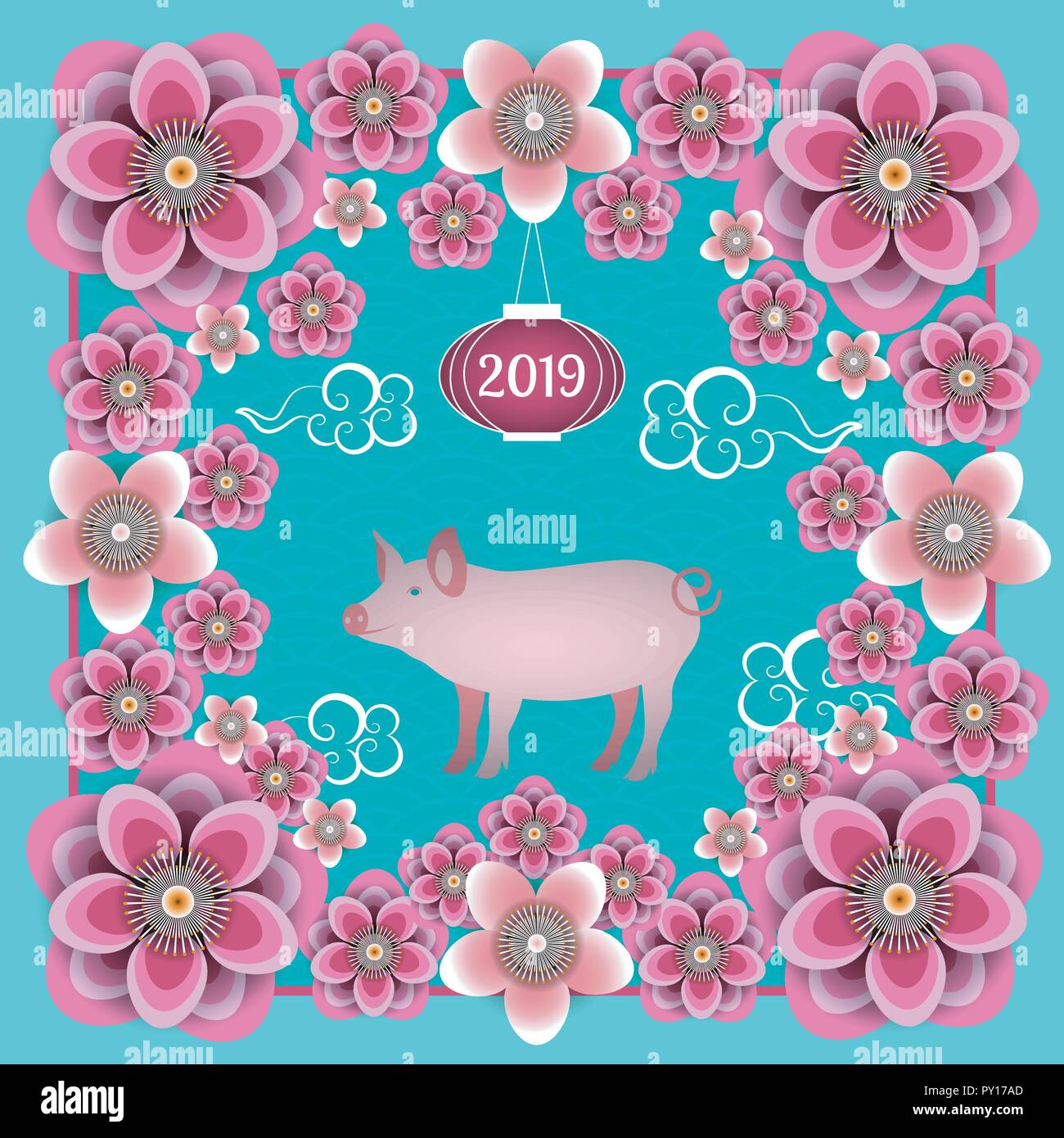 Chinese New Year 2019. Year of the Yellow Pig. Piglet, Chinese lantern ...