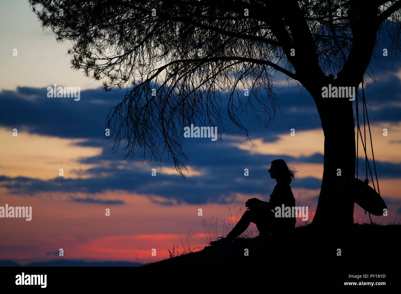 Silhouette of happy young woman sittin under a tree enjoying the sunset ...