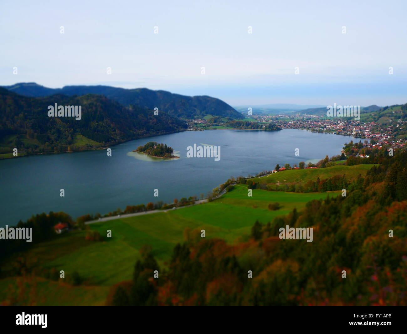 Tilt shift image of the island in lake Stock Photo - Alamy