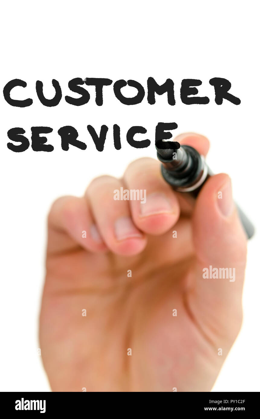 Detail of male hand writing phrase customer service on a virtual screen ...