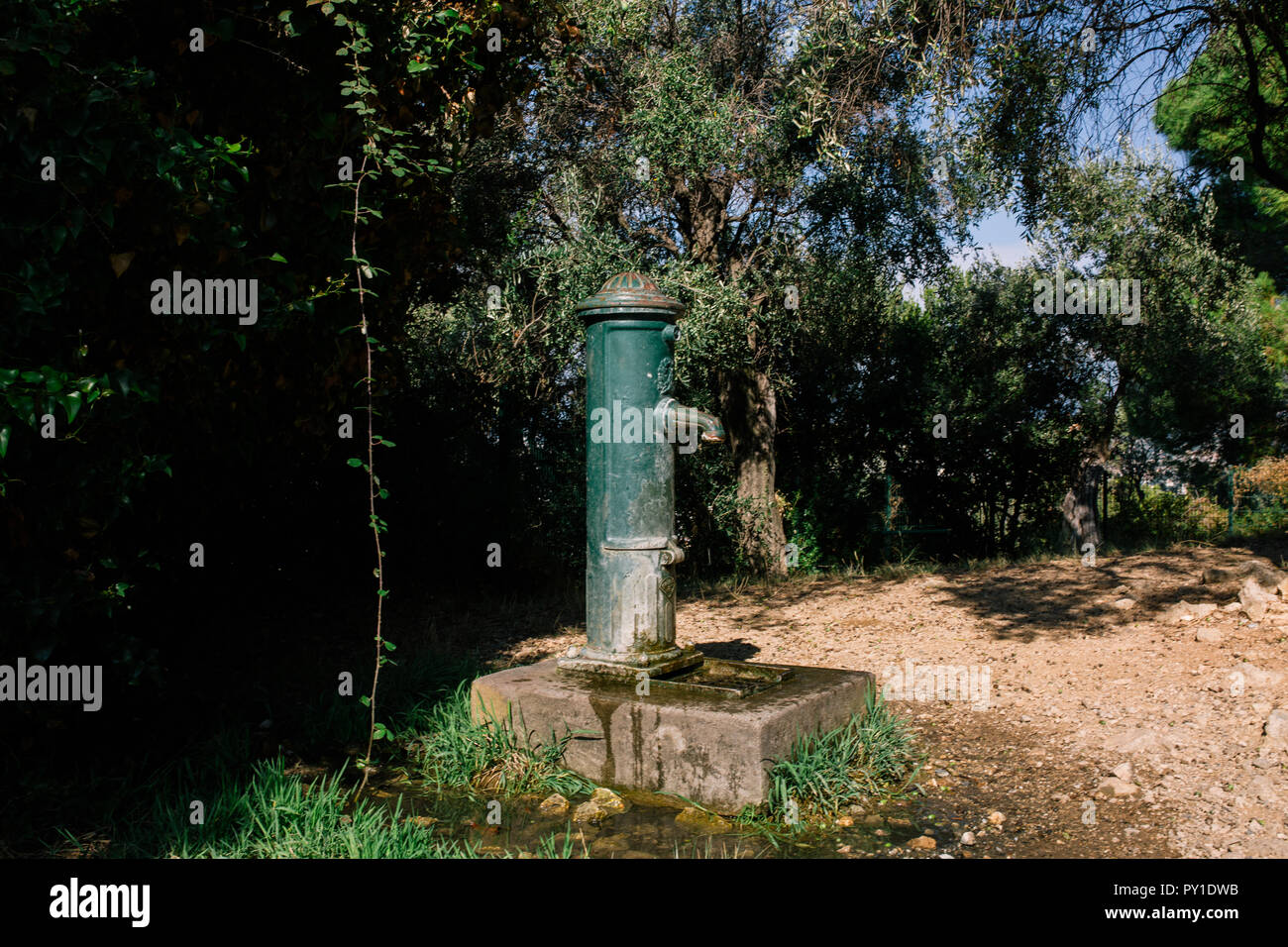 Water column in the street with concrete base and flowing water Stock ...