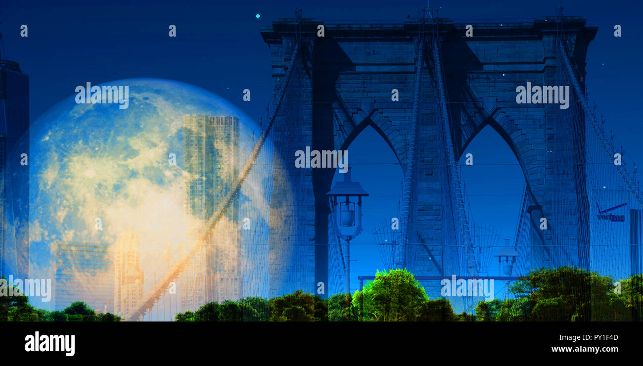 NY Brooklyn Bridge. Bright full moon in the sky Stock Photo - Alamy