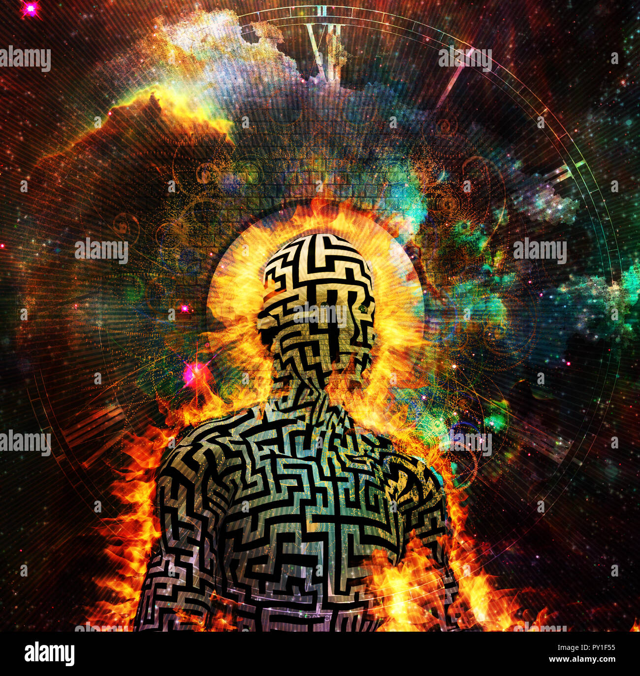 Burning man with maze pattern. Clock face and vivid universe background ...