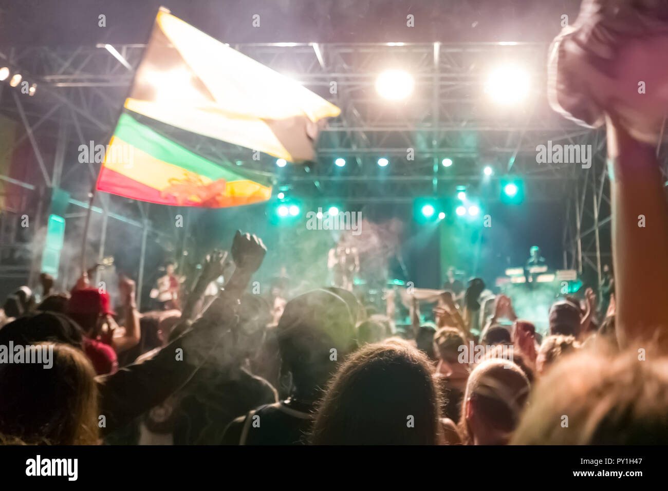 Reggae concert with jamaican flags and cheering crowd Stock Photo - Alamy