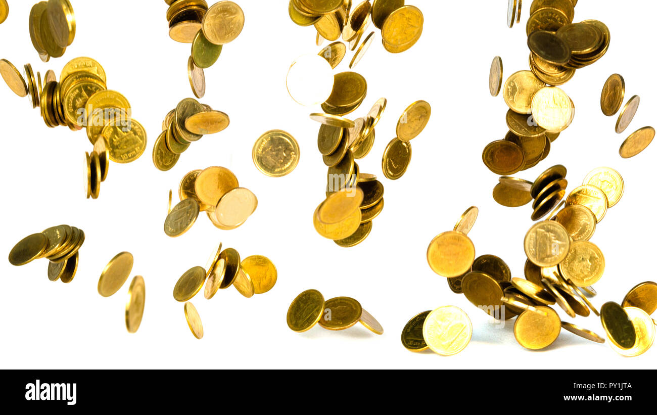 Movement of many gold coin in hand on white background, business and ...