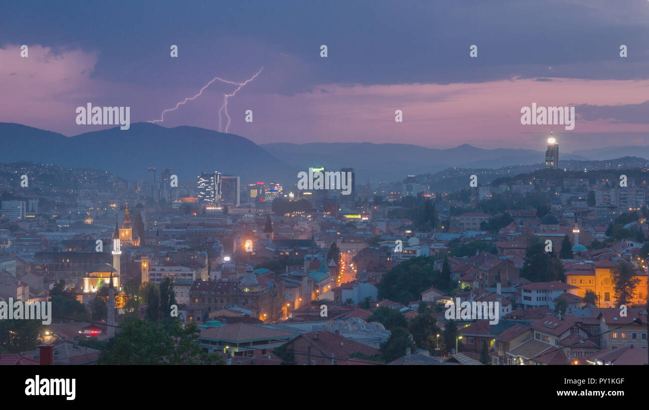 Skyline of Sarajevo at dusk during spectacular thunderstorm Stock Photo ...