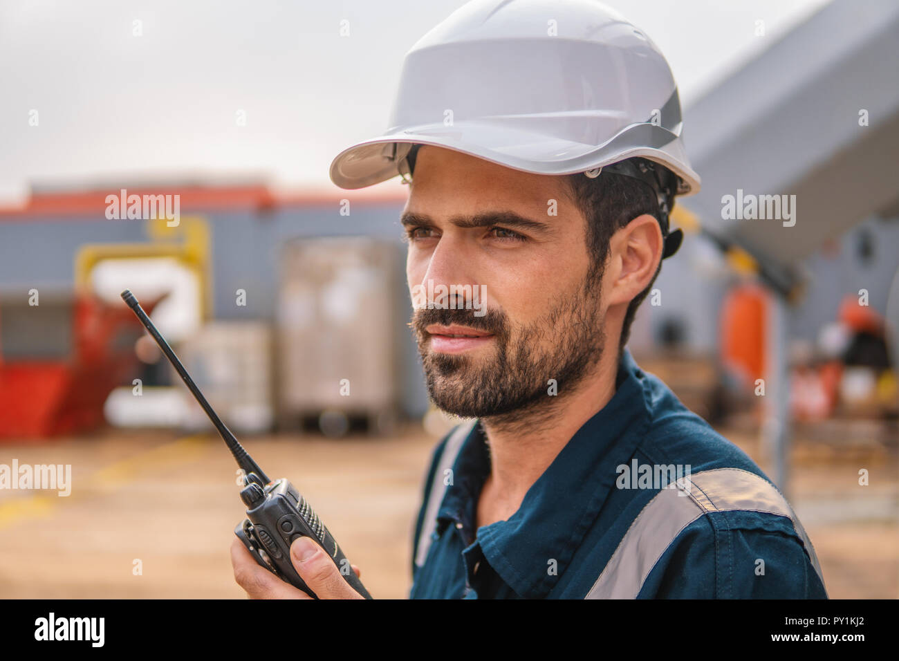 Marine Deck Officer or Chief mate on deck of vessel or ship Stock Photo ...