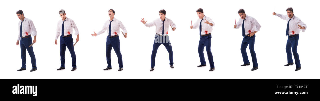 Wounded businessman with blood stains isolated on white background ...