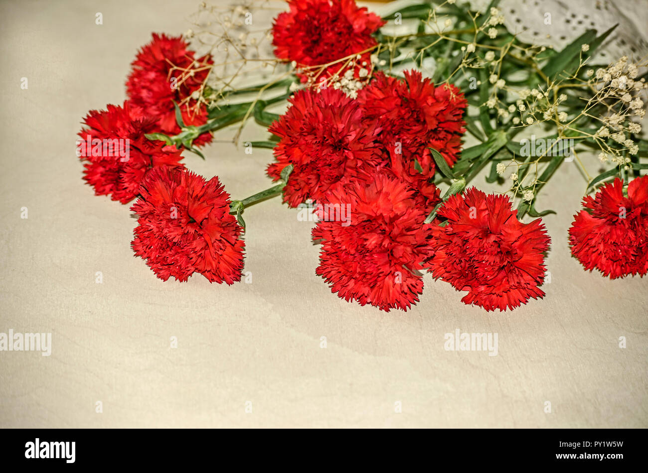 Large red carnations with white dried small flowers on a light plywood ...