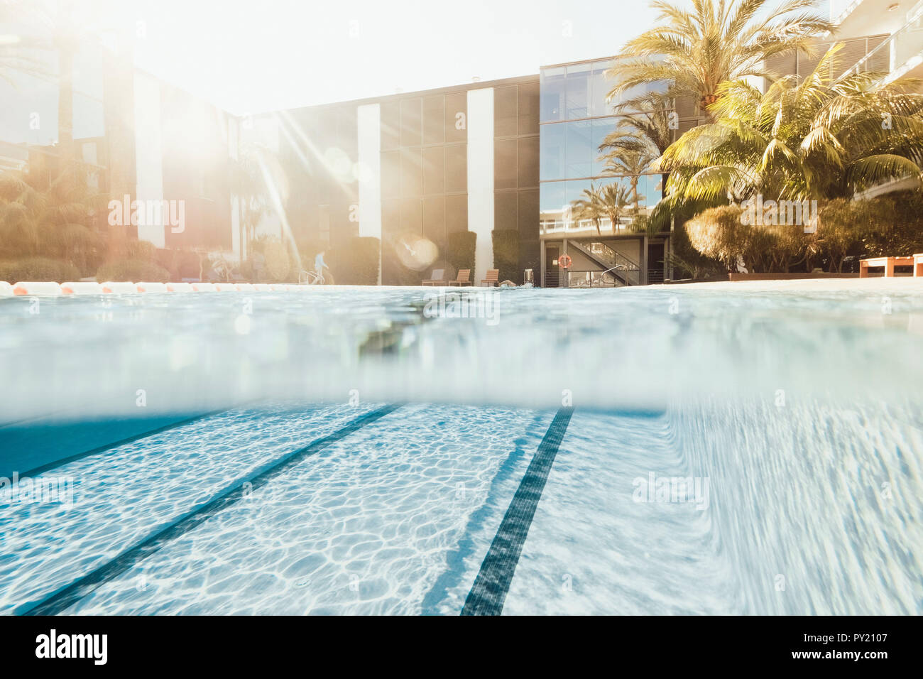 Backlit half in half out picture of swimming pool hi-res stock ...