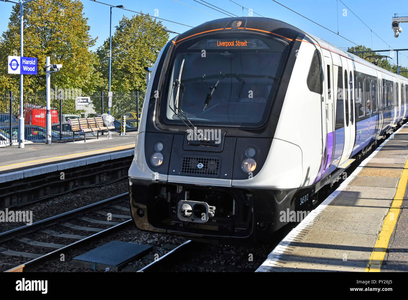 Crossrail train Harold Wood tfl Elizabeth line railway station platform ...