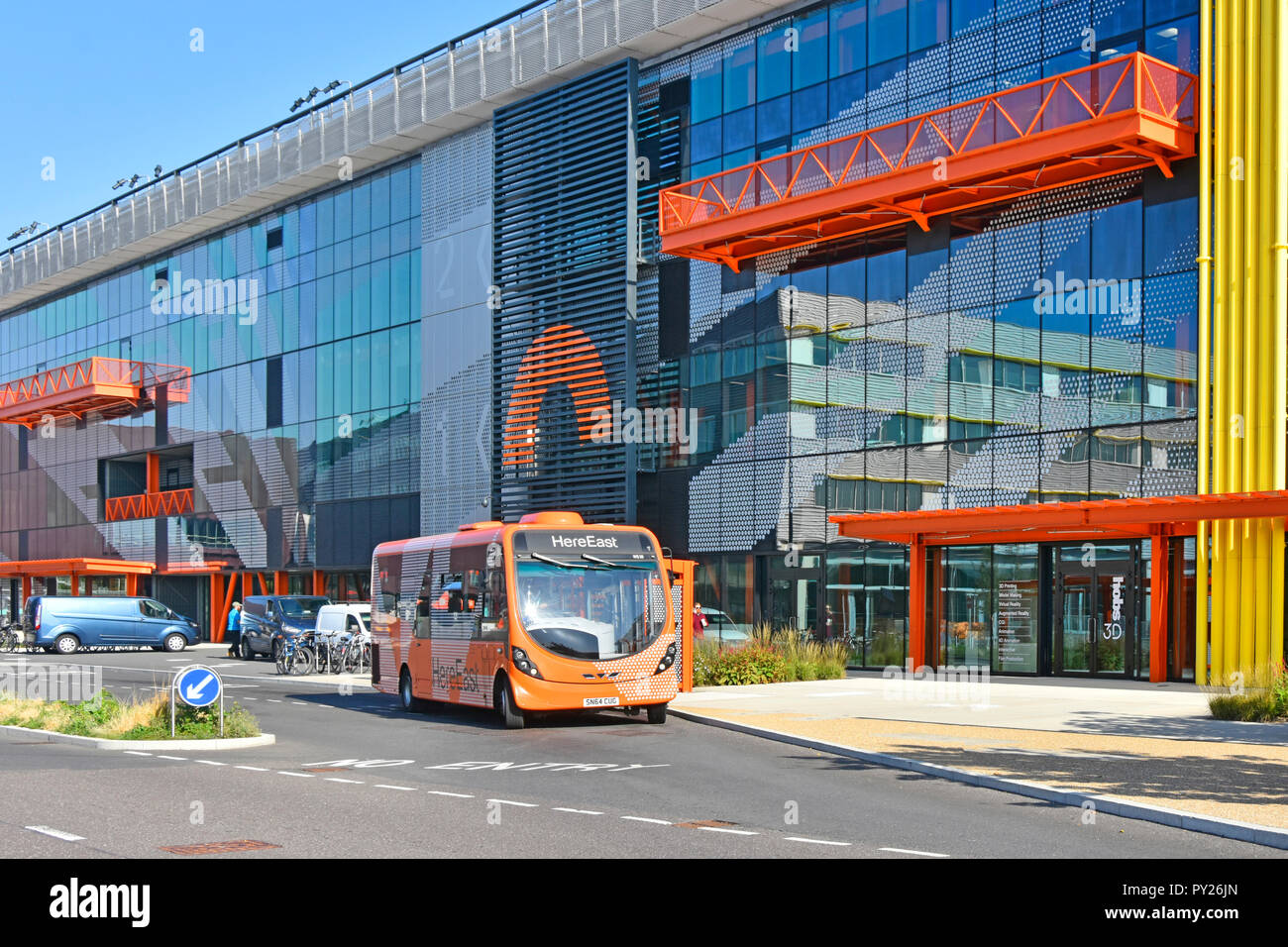 HereEast bus at stop at Olympics Media Centre now letting as offices ...